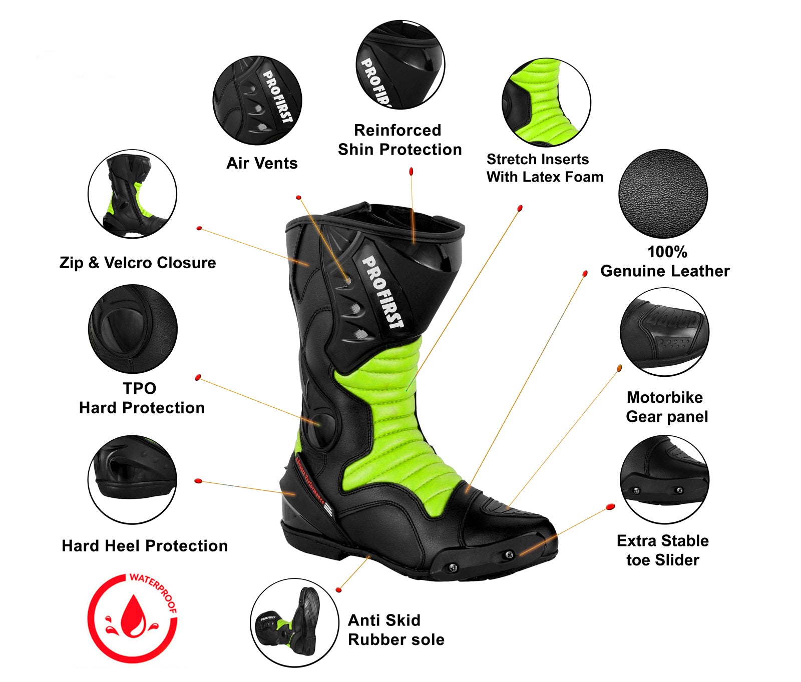 Profirst Thunder Strike Motorbike Men Boots Green – Whizzmoto